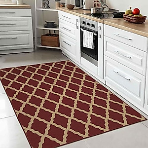Machine Washable Trellis Design Non-Slip Rubberback 3x5 Traditional Area Rug for Living Room, Bedroom, Kitchen, 3'3 x 4'11", Red