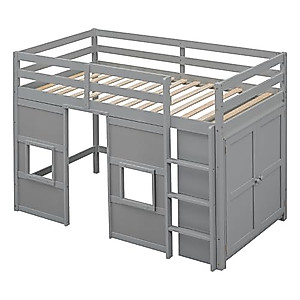 BOVZA Twin Size Loft Bed with Built-in Storage Wardrobe and 2 Windows, Wood Playhouse Loft Bed Frame with High Guard Rails for Kids Boys Girls Teens, Gray