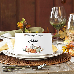 JarThenaAMCS 50Pcs Thanksgiving Table Tent Place Cards Thankful Pumpkin Guest Seating Cards Name Escort Card Folded Seat Assignment Setting Label for Wedding Baby Shower Birthday Party