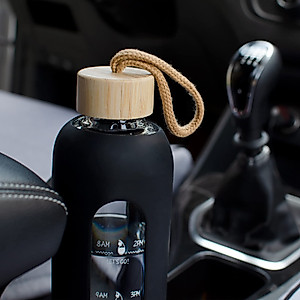 Sursip 32oz Motivational Glass Water Bottle with Time Marker, Silicone Sleeve, and Bamboo Lid - 1 Liter Reusable Drinking Bottle with Ice Cube Tray, Leak-Proof Design