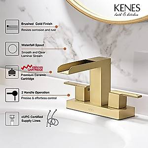 KENES Brushed Gold Waterfall Bathroom Faucet 3 Hole Gold 4 Inch 2 Handle Centerset Bathroom Sink Faucet Modern Bathroom Vanity Faucet with Supply Lines, KE-9053-4