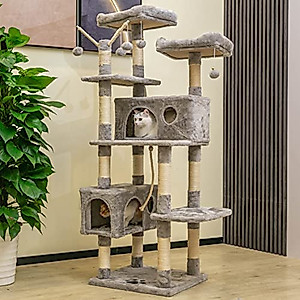 NEGTTE Cat Tree Tower for Indoor Cats,64 inches Large Multi-Level Cat Activity Center with Condos,Scratching Posts,Removable Fur Ball Sticks,Light Gray