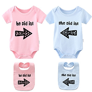 YSCULBUTOL Baby Twins Bodysuits He/She Did It Twin Outfit Girl Romper With Hat Set（Pink did 3M）