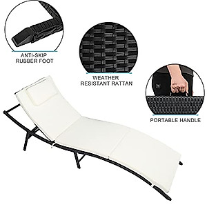 SAWQF 3-Piece Outdoor Terrace Furniture Set 2 Folding Bed 1 Folding Coffee Table Black PE Cane Iron Frame 4 Lines