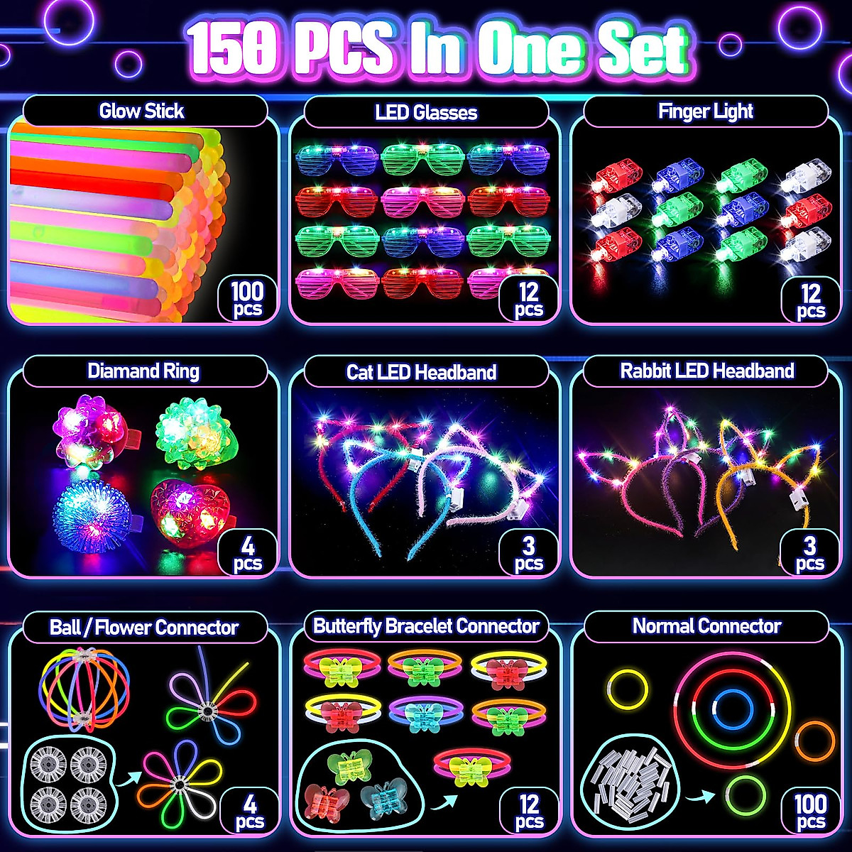 150PCS Glow in the Dark Party Supplies for Kids Adults, Light Up Party Favors with Light Up Glasses, Headband, Rings, 100 Glow Sticks Bulk Party Pack DIY Glow Necklaces Bracelets, Neon Party Supplies