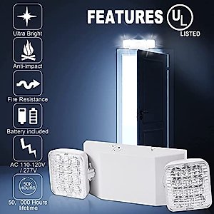 LED Emergency Light Fixture, Commercial Emergency Lights with Battery Backup, Square Two Head Adjustable LED Emergency Light for Power Failure Business, Emergency Exit Light AC 110V-277V 6 Pack
