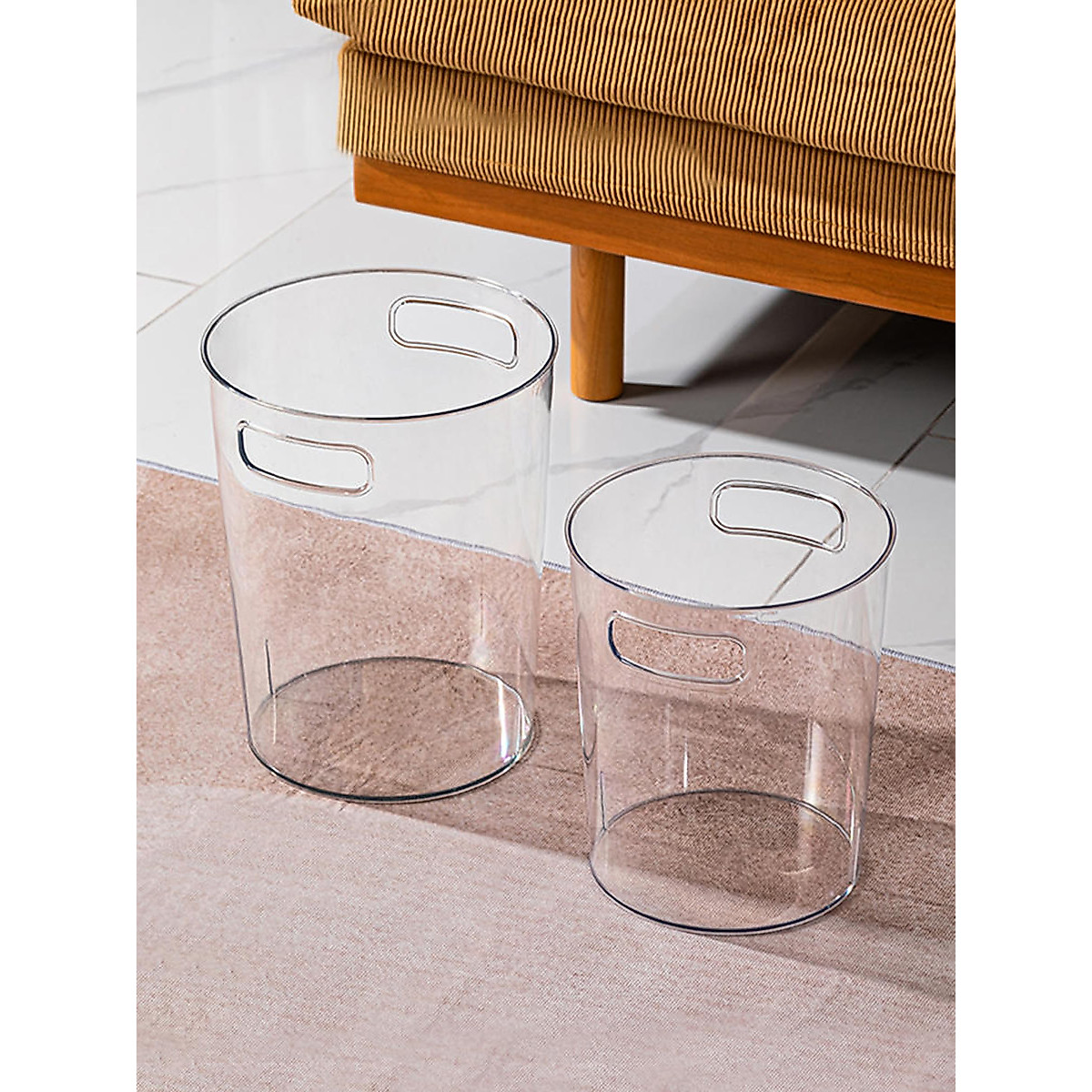 JEIMALEN Transparent Trash can Wastebasket with Handle Plastic Small Cylindrical Garbage Can for Kitchen, Bedroom, Home Office, Craft Room, Dorm Room, Powder Room,Toilet Trash Bin (M)