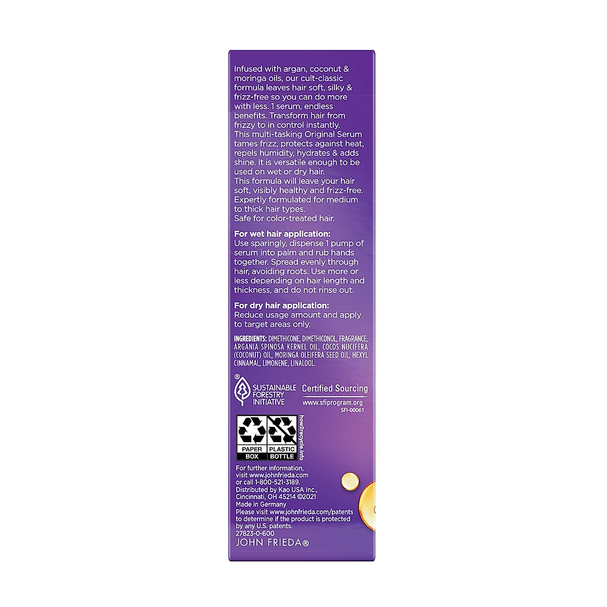 John Frieda Frizz Ease Original Hair Serum, Protecting Against Frizz, Heat, and Humidity While Adding Shine, Smooths Strands and Hydrates Parched Hair with Argan, Coconut, and Moringa Oil, 1.69 Oz