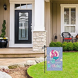 Mermaid Happy Birthday Garden Flag for Girls Birthday, Multicolour Vertical Premium Burlap Rustic Girls' Mermaid/Under the Sea Themed Birthday Celebration Yard Flag for Farmhouse Outside Outdoor Sign Double Sided, 12" x 18"