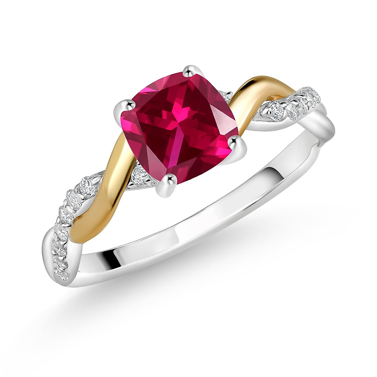 Gem Stone King 925 Sterling Silver and 10K Yellow Gold 6MM Cushion Gemstone Birthstone and Lab Grown Diamond Engagement Ring for Women | Available In Size 5, 6, 7, 8, 9