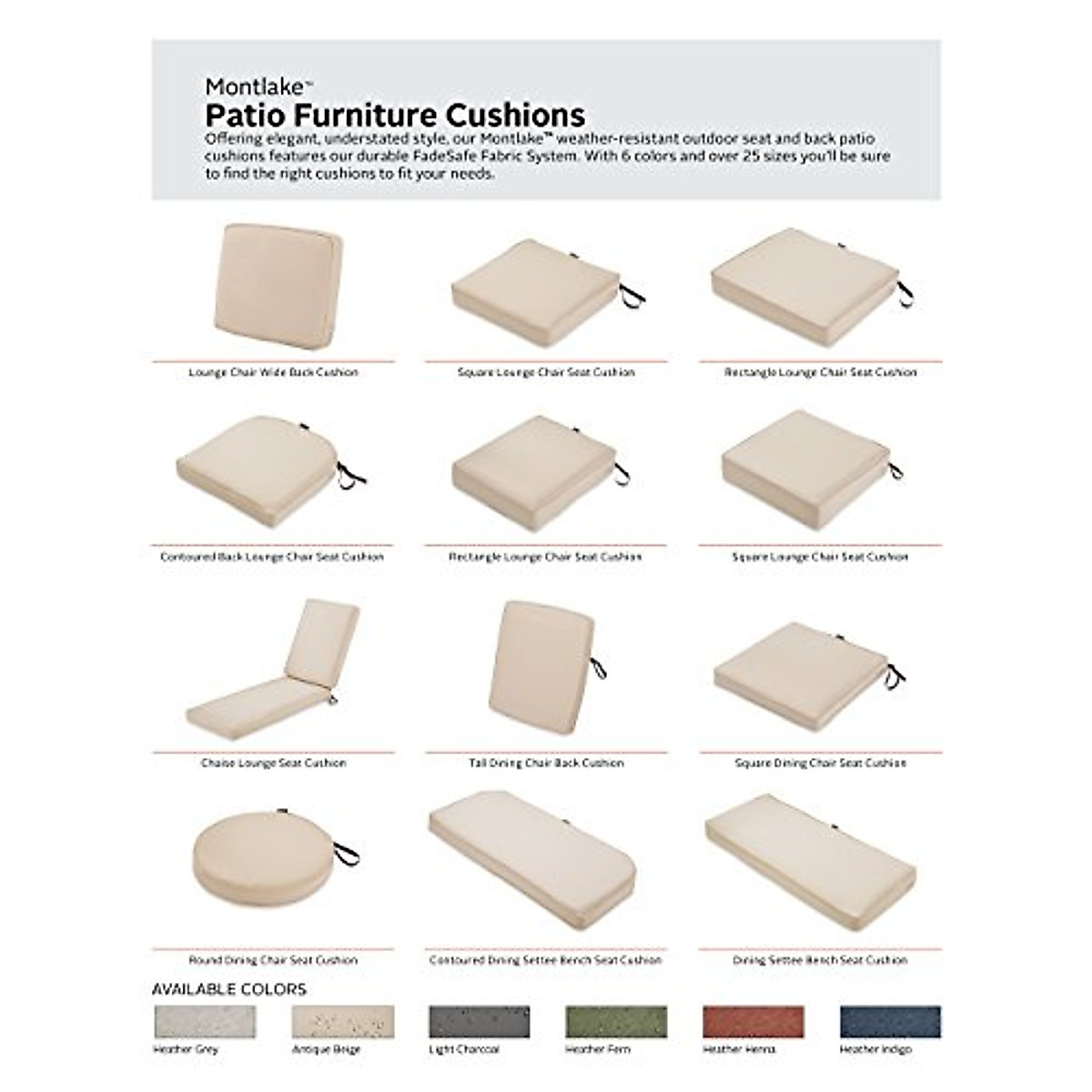 Classic Accessories Montlake FadeSafe Water-Resistant 20 x 20 x 2 Inch Contoured Patio Dining Seat Cushion, Antique Beige