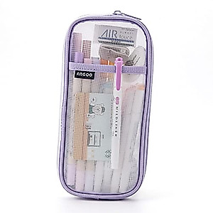 EASTHILL Grid Mesh Pen Pencil Case with Zipper Clear Makeup Color Pouch Cosmetics Bag Multi-Purpose Travel School Teen Girls Transparent Stationary Bag Office Organizer Box for Adluts(Purple)