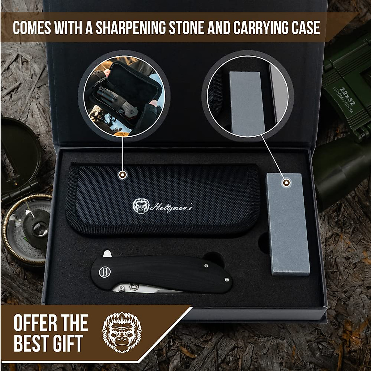 Holtzman's Gorilla Survival 'Straightback' Folding Knife featuring D2 Steel Blade and G10 Tactical Handle in Gift Box Set (Silver+Black)