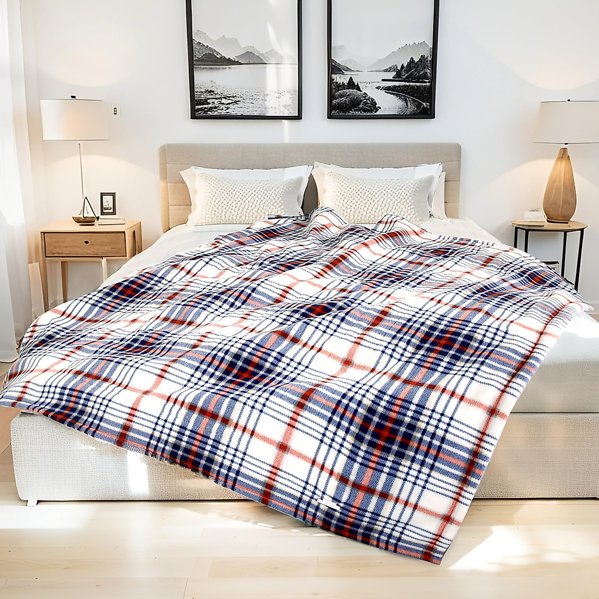 YAKEE Electric Blanket Throw Size 50" x 60", Fast Heated Blanket, Soft Warm Heating Blanket, Controllable Temperature and 3 Hours Auto-Shut-Off, Machine Washable, Blue & White Buffalo Plaid