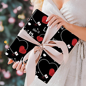 Whaline 12 Sheet Valentine's Day Wrapping Paper Heart Love Plaid Gift Wrap Paper Bulk Folded Flat Black Red Craft Paper for DIY Crafts Wedding Anniversary Party Gift Packing Supplies, 19.7 x 27.6 Inch