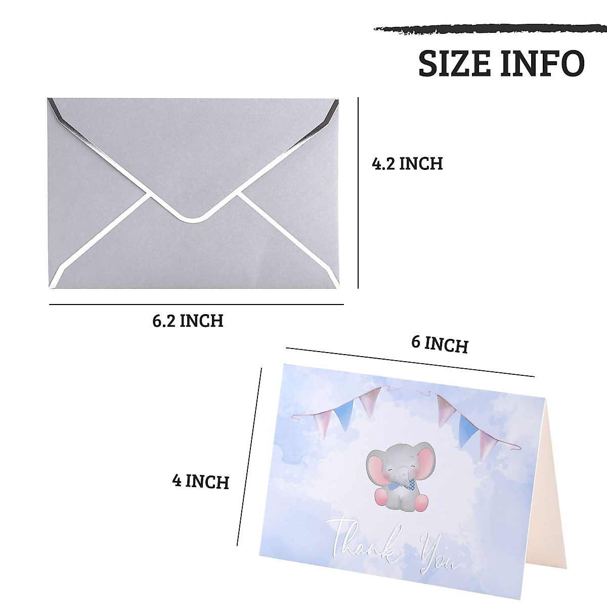 Winoo Design Heavy Duty Baby Shower Thank You Cards Boy - 36 PK - Silver Letterpress Elephant Thank You Cards Baby Shower Baby Boy Thank You Cards Cute Watercolor Thank You Cards Blue