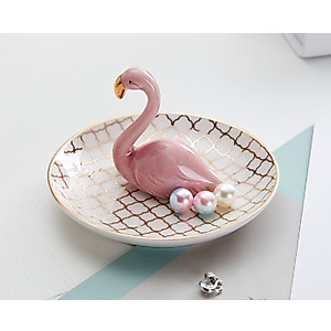 Luxury Porcelain Adorable Flamingos Jewelry Ring Holder - Ceramic Display - Rack Jewelry Dish Organizer – Perfect for Hold Rings - Chain Bracelets Earrings Trays Dish, Grid Disk-Pink