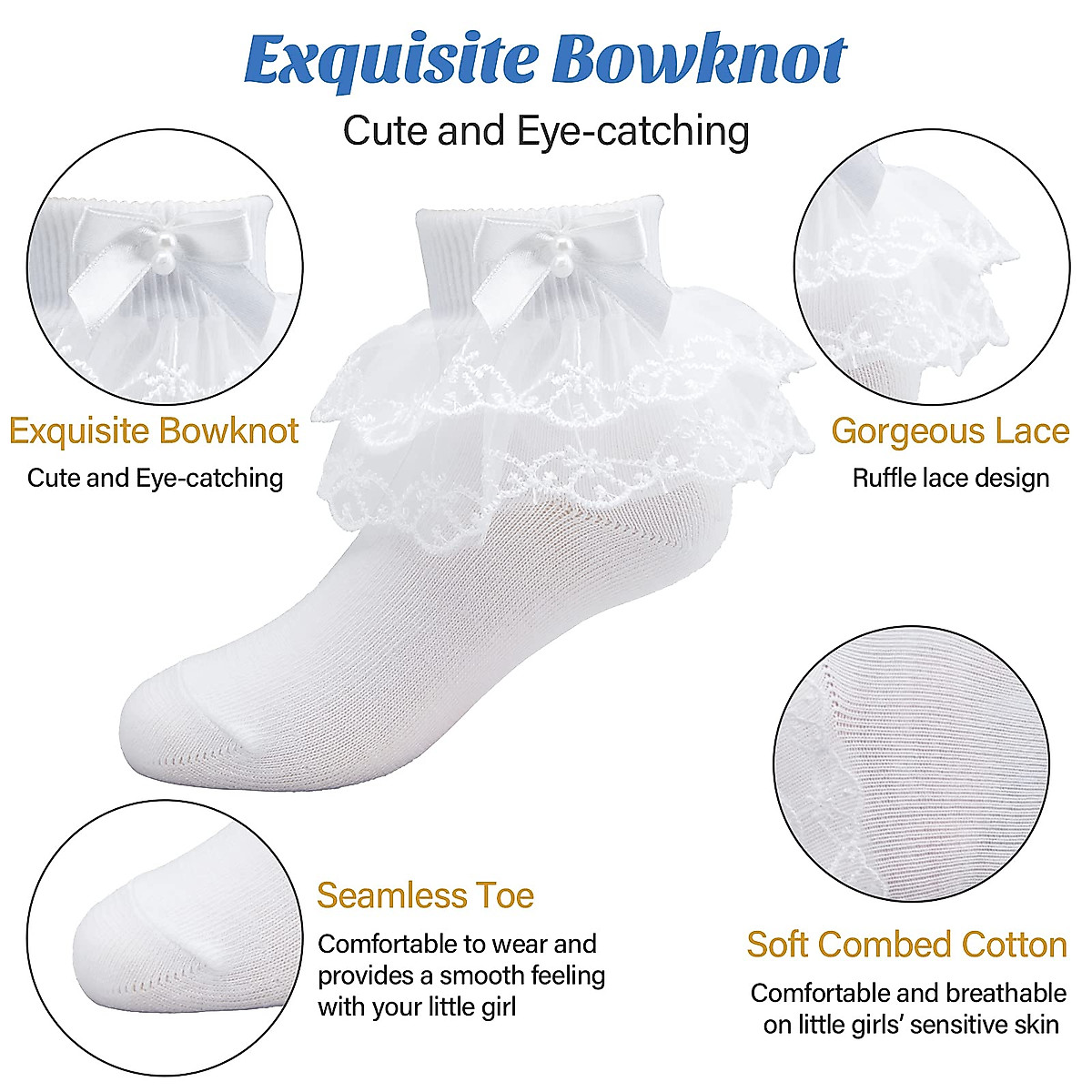 6 Pairs Toddler Baby Girls Ruffle Lace Trims Socks Princess Dress Bowknot Cotton White Ankle Soft Frily Socks Kids Child 4-6T