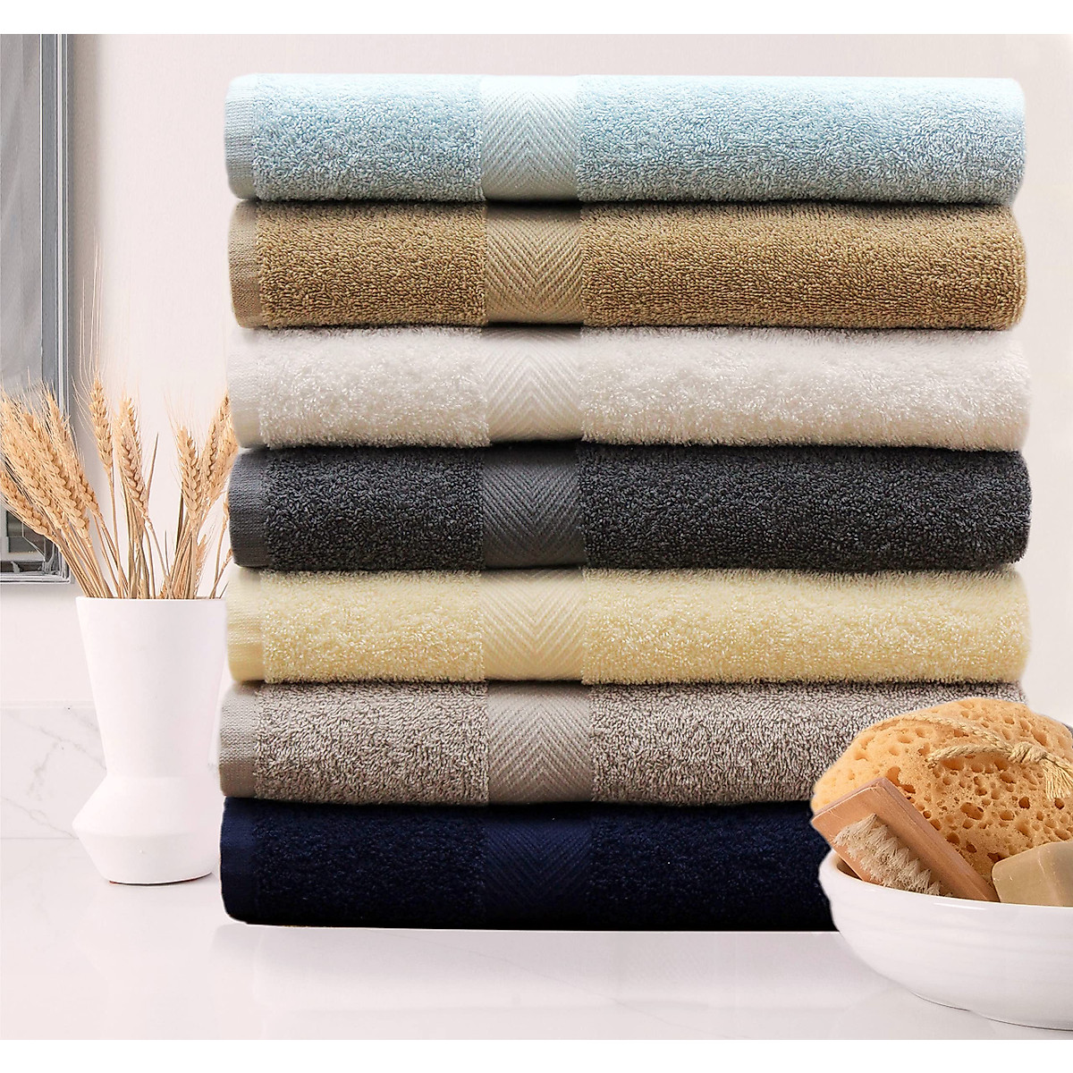COTTON CRAFT Simplicity Bath Towels Set -7 Pack- 27x52-100% Cotton Bath Towel - Lightweight Absorbent Soft Easy Care Quick Dry Everyday Luxury Hotel Spa Gym Shower Beach Pool Camp Travel Dorm - Multi