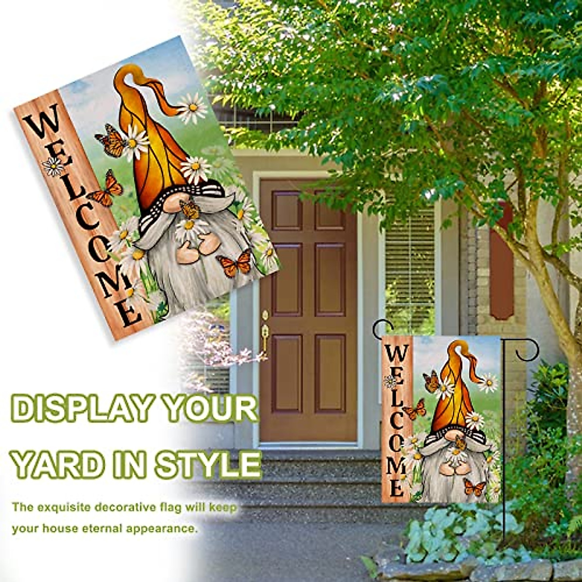 Covido Home Decorative Welcome Spring Gnome Garden Flag, Daisy Butterfly Yard Outside Decorations, Outdoor Small Decor Double Sided 12x18