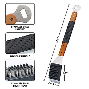 M.P.I cooper Grill Cleaning Brush and Scraper, Best BBQ Wire Bristles Brush for Grill Cleaning, Long Wooden Rubber Handle for Comfortable Safe and Strong Grip with Bottle Opener Tool