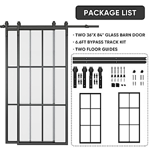 BARNSMITH Bypass 72 x 84in Double Glass Barn Door with 6.6FT Side-Mounted Hardware Kit, 2 Sets of 36x84in Black Aluminum Tempered Frosted Glass Sliding Door, Assemble Required(2 * 36inx 84in)