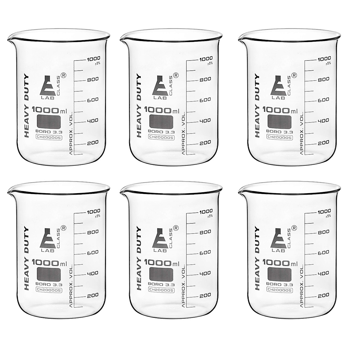 EISCO 6PK Heavy Duty Beaker, 1000ml - 5mm Thick, Uniform Walls - Superior Durability & Chemical Resistance - White Graduations - Borosilicate 3.3 Glass