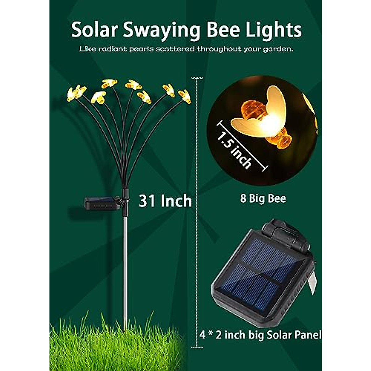 Solar Garden lights, Newest Solar Bee Firefly Lights with 1200mAH Battery, Swaying by Wind, Solar Outdoor Lights with Flexibility Iron Wire, Waterproof Firefly Lights Decor for Patio Yard(2 Pack)