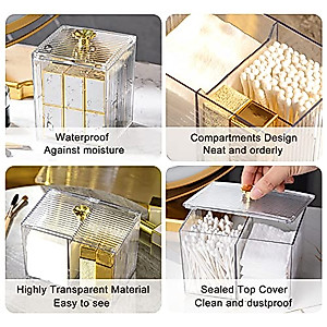 SHAIDOJIO Qtip Holder, Cotton Swabs Holder, Clear Modern Bathroom Organizer, Apothecary Jars with Lids, 3 Grids Separate Vanity Storage Jars for Cotton Ball, Swabs, Floss, Makeup Sponges(Style A)