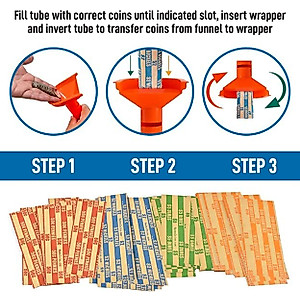 Nadex Easy Wrap Coin Tube Set with 40 Wrappers Included - Funnel Shaped Coin for Pennies, Nickles, Dimes, and Quarters - Four Color-Coded Tubes