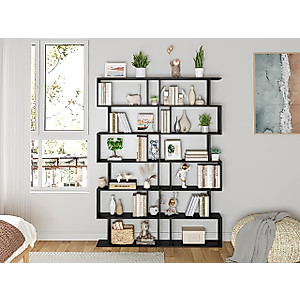 Yusong Bookshelf 6-Tier, Geometric Bookcase S Shaped Book Shelves for Bedroom, Modern Wood Decorative Display Shelf Tall Book Case for Home Office, Black