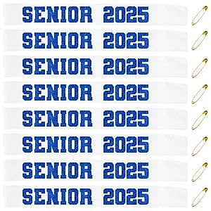8 Pcs White Senior 2025 Sashes with Royal Blue Glitter Letters - Graduation Celebration sash, Senior Sashes Class of 2025, Senior Cheer Sash, Class Competition Sashes, Graduation Party Supplies