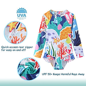 Baby Girls One Piece Swimsuits Long Sleeve Rash Guard Swimshirts Kids Sun Protection Bathing Suits 24 Months Ocean Reefs