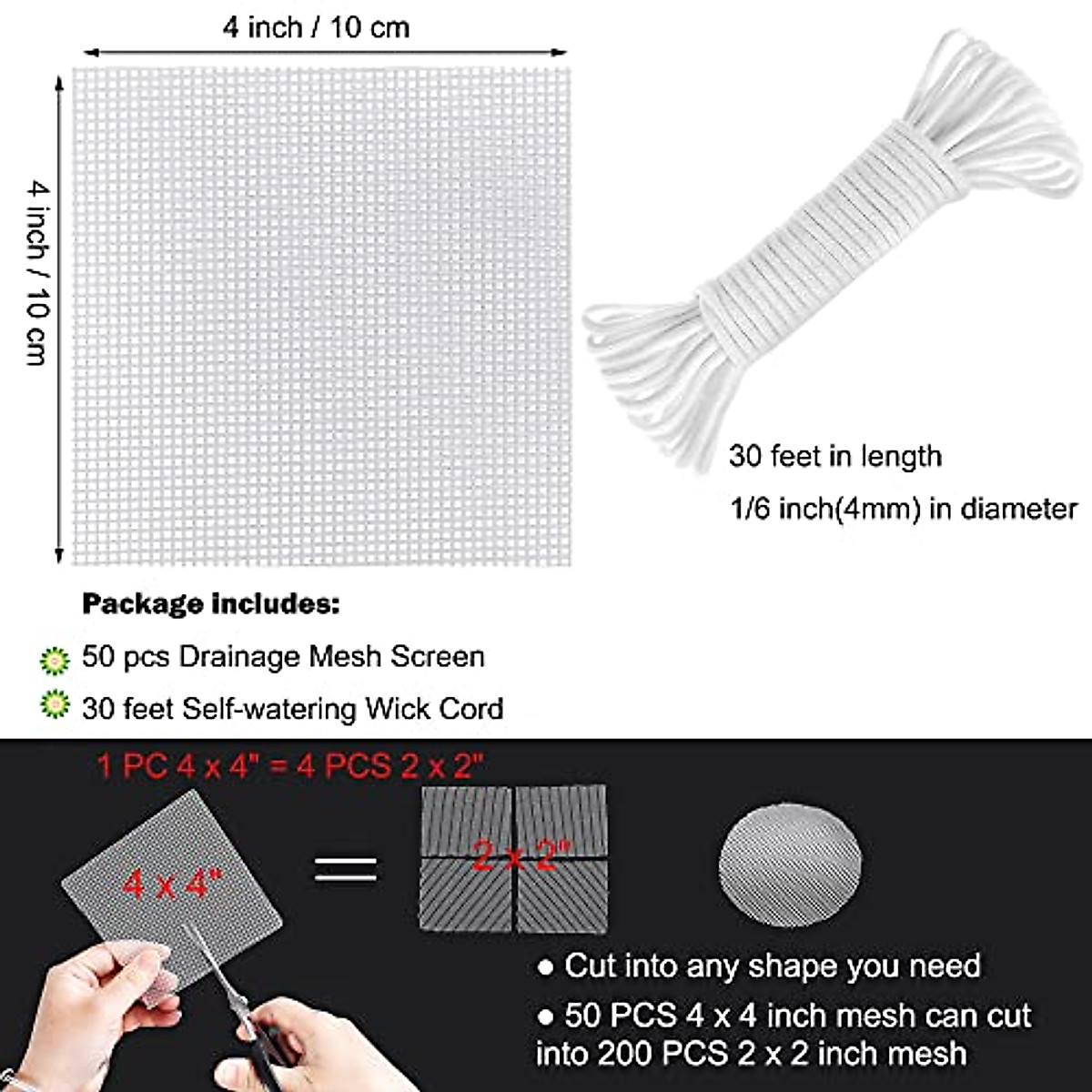 ORIMERC 50 Pcs 4 x 4 inch Plant Pot Drainage Hole Mesh Pad Screen with 30 feet Self Watering Hydroponic Wick Cord DIY Vacation Automatic Waterer Sitter Potted Bonsai Succulent Flower Bottom Grid Mat