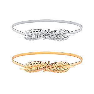 2 Pieces Women's Metal Chain Leaves Belt Skinny Elastic Stretchy Decorative Waistband Adjustable Interlock Buckle for Dress Jeans, Skirts and Pants, Silver and Gold