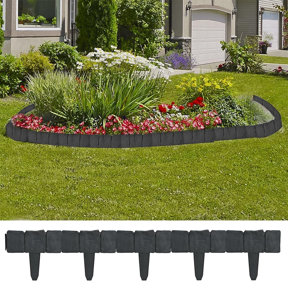 VRAXO Plastic Garden/Lawn Fence Stone Look 41 pcs 32.8',Garden Borders & Edging-7.92lbs