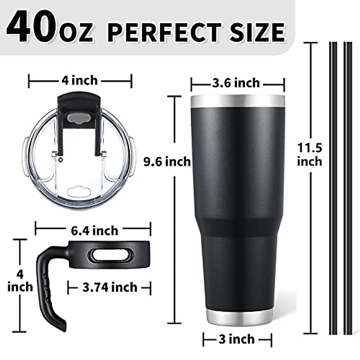 Zibtes 40oz Insulated Tumbler with Lid and Straws, Stainless Steel Double Vacuum Coffee Tumbler with Handle, lovely Travel Cup for Home, Office, Party (Black 1 pack)