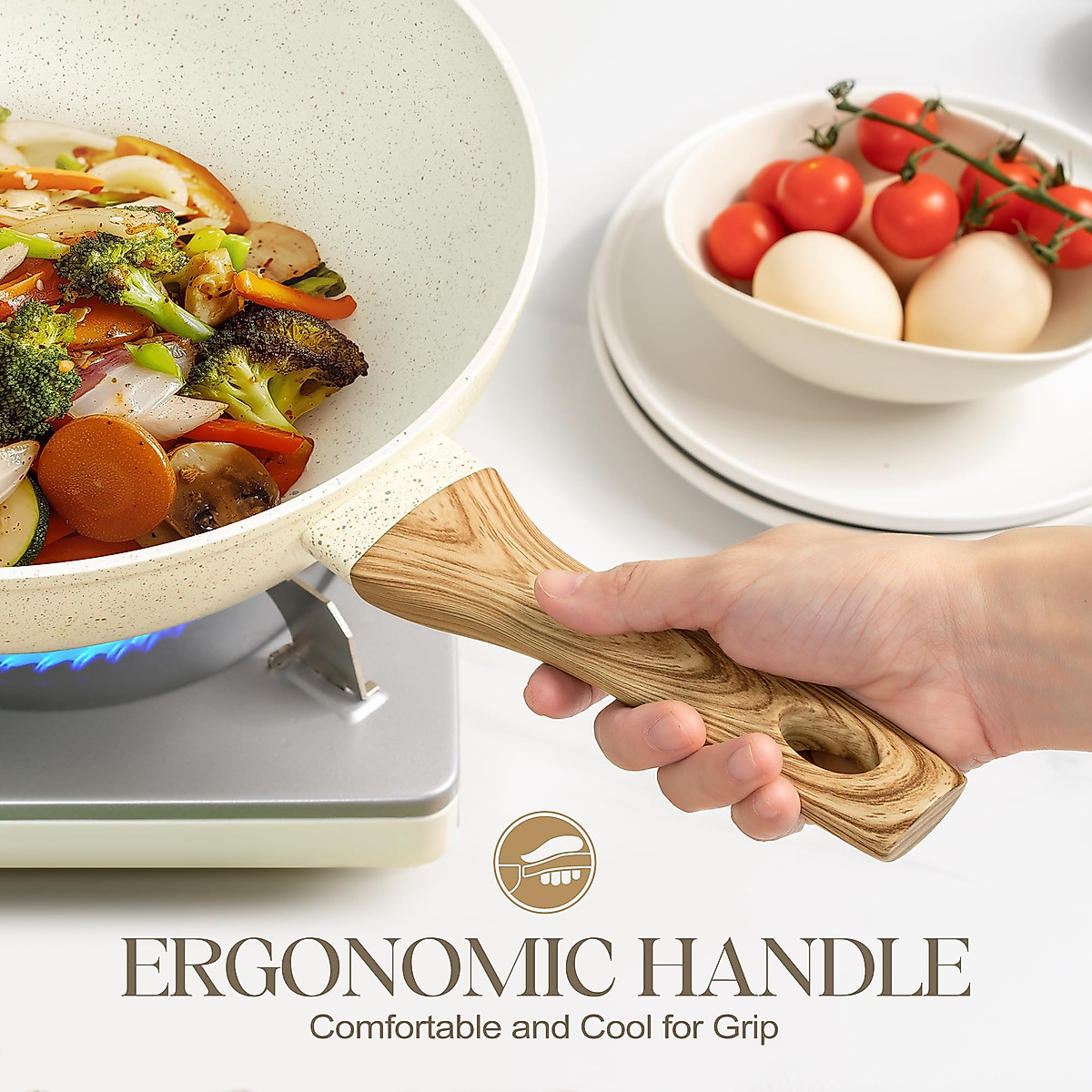 MICHELANGELO 12 Inch Wok Pan with Lid - Woks & Stir-Fry Pans Nonstick Wok with Lid, Stir Fry Pan with Cool-Touch Handle, Induction Wok Set with Stainless Steamer & Fryer Basket