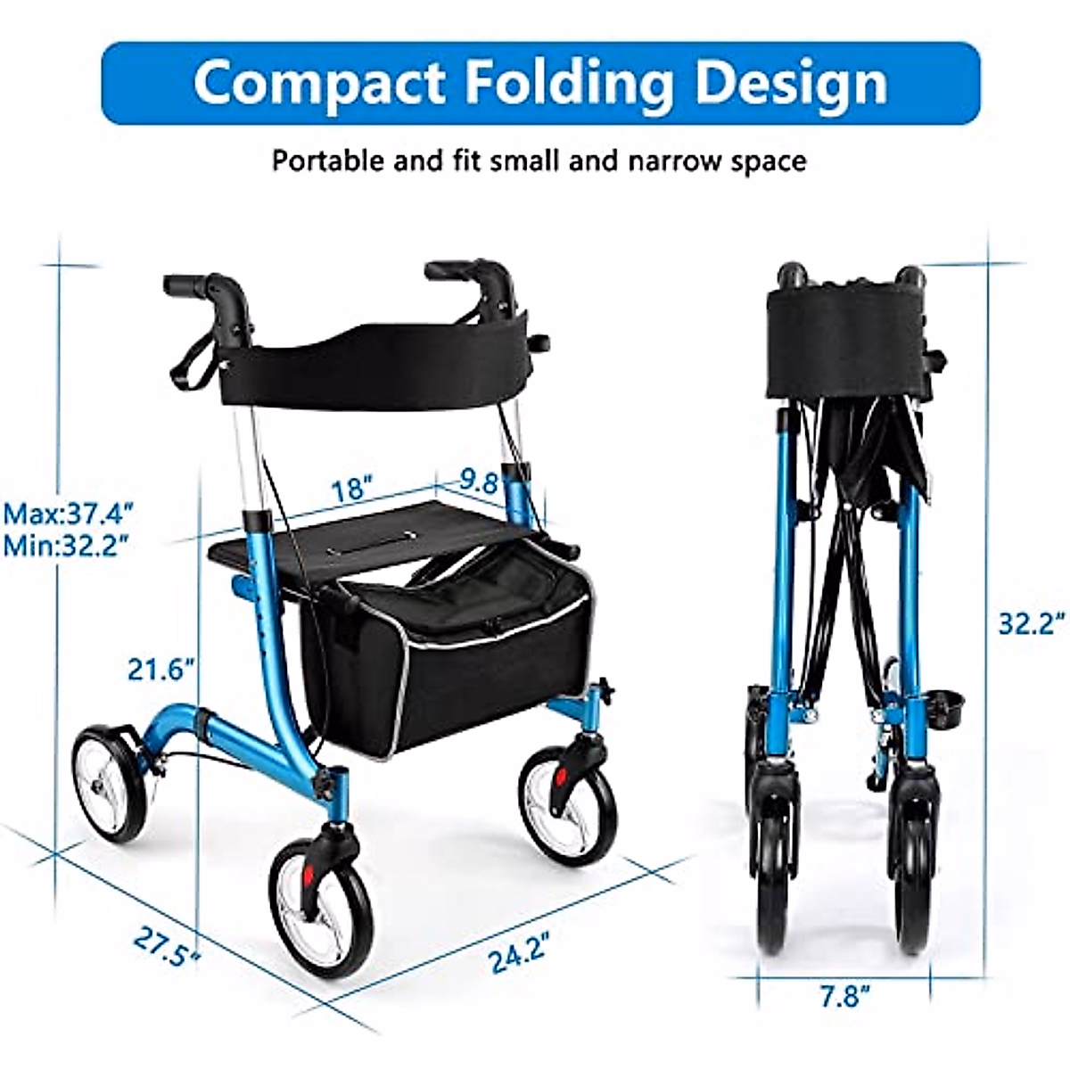 Winlove Rollator Walkers for Seniors-Folding Rollator Walker with Seat and Four 8-inch Wheels-Medical Rollator Walker with Comfort Handles and Thick Backrest-Lightweight Aluminium Frame,Blue