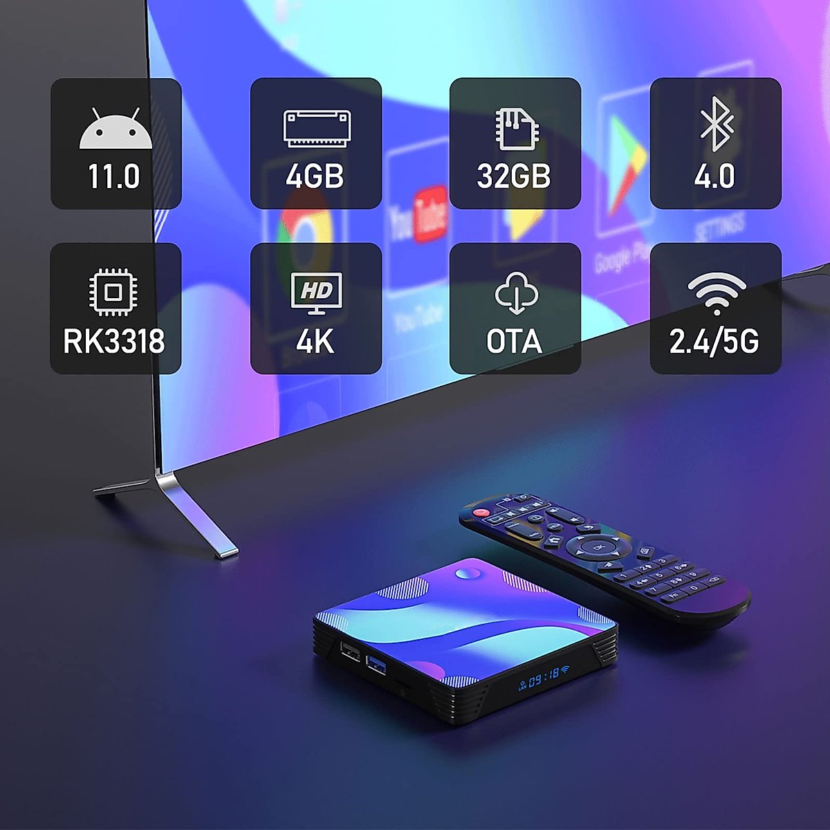 Android 11.0 TV Box, X10 Smart Box with Backlit Wireless Mini Keyboard, 4GB RAM 32GB ROM RK3318 Quad-Core 64bit Cortex-A53 Support 2.4GHz/ 5GHz WiFi 4K UHD Bluetooth 4.0