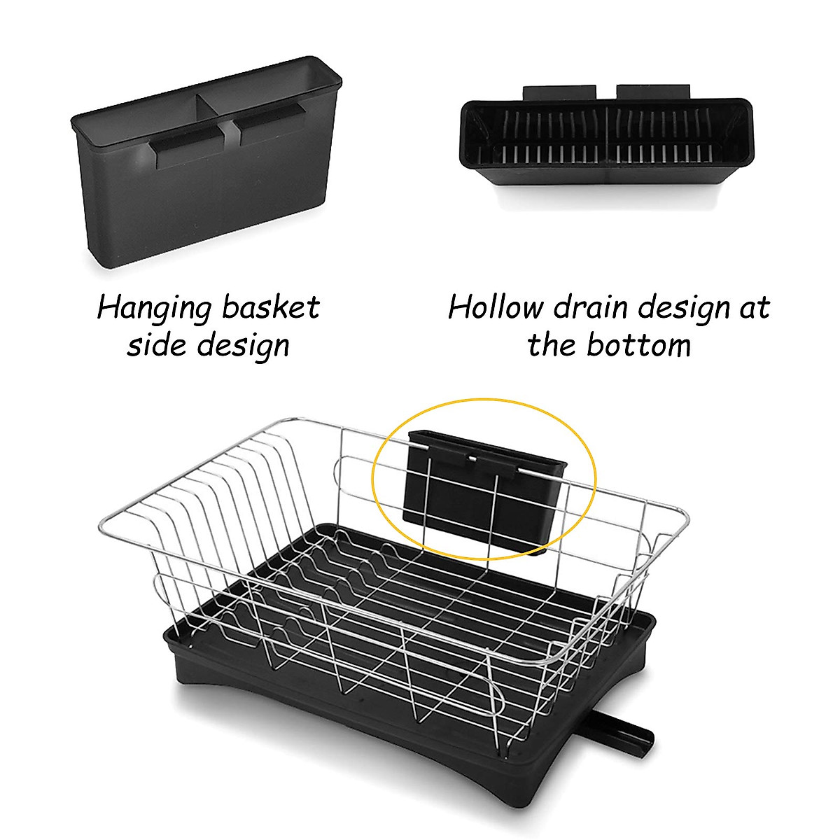 DOUBLE 2 C Dish Drying Rack, Stainless Steel Dish Drainer for Kitchen, Small Dish Drainer Rack for Kitchen Counter, Set of Rustproof Dish Rack and Drainboard (Black)