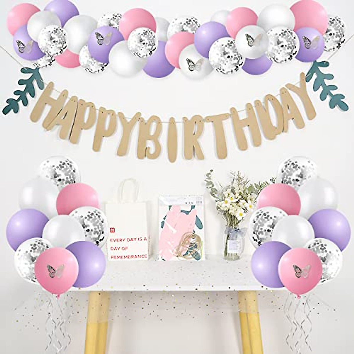 Pink Purple White Latex Balloons with 3D Butterfly, 62pcs 12 Inch Light Pink Purple Balloons with Ribbon for Girl Birthday Decorations (PinkSilver)