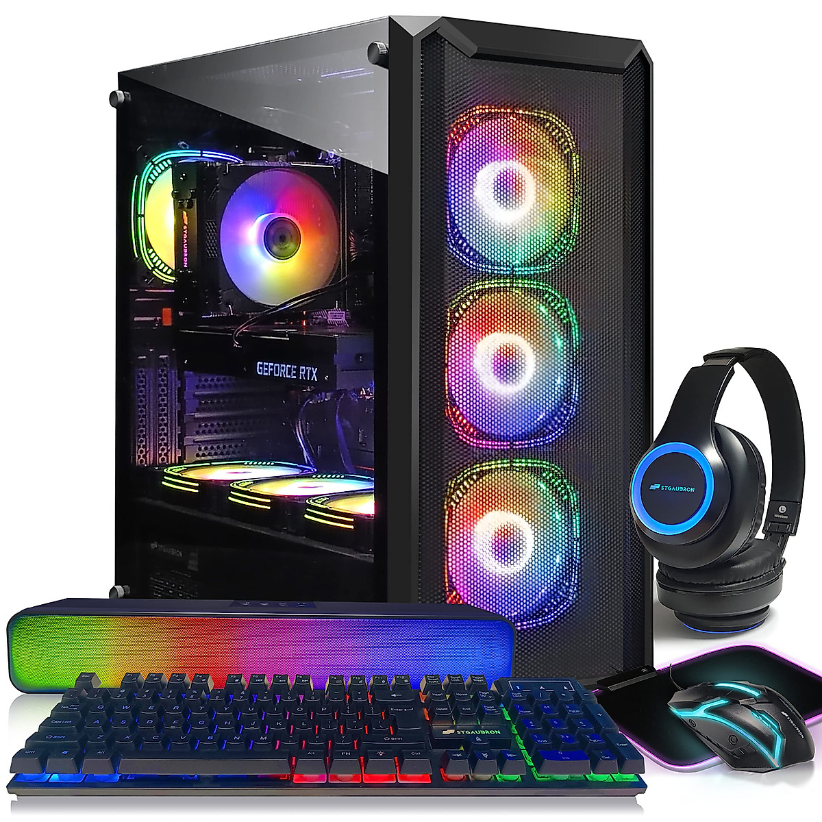 STGAubron Gaming PC Computer Desktop, GeForce RTX 3070 8G, Intel Core i9-11900KF up to 5.3G, 32G DDR4, 2T SSD, WiFi, BT 5.0, RGB Fan x7, RGB BT Sound Bar & Gaming Mic, Windows 11 Home