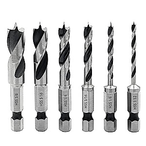 Saipe 6pcs 1/4" Quick Change Hex Shank Wood Brad Point Stubby Short Drill Bit Set HSS 4241 Woodworking Drill for Right Angle Drill and Used in Tight Spaces