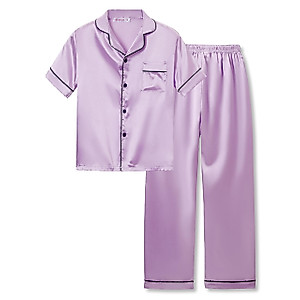 Topgal Little & Big Girls Pajama Set Size 8 - Lilac Satin Silky Cute Summer Short Sleeve & Pants Outfit