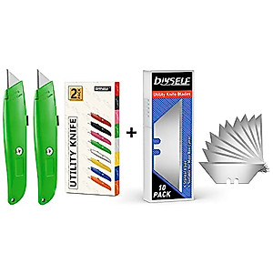 DIYSELF 2 Pack Box Cutter Retractable with 10 Pack Utility Knife Blades, Sharp SK5 Steel Utility Blades, Box Cutters for Cardboard, Paper, Carton(Green)