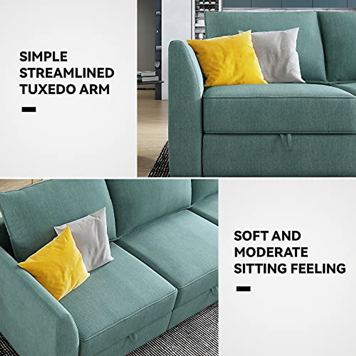 HONBAY Reversible Modular Couch Modern Polyester Sectional Sofa with Chaise & Storage Seat 112'' U-Shaped Couch for Living Room, Aqua Blue