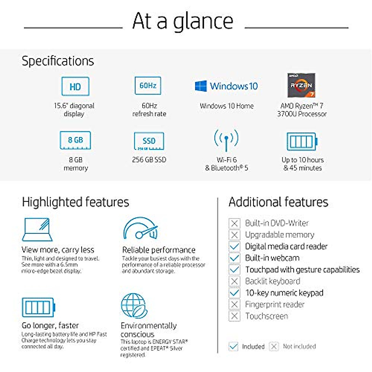 HP 15 Laptop, AMD Ryzen 7 3700U Processor, 8 GB RAM, 256 GB SSD, HD Display, Windows 10 Home (15-ef0022nr, Natural Silver)