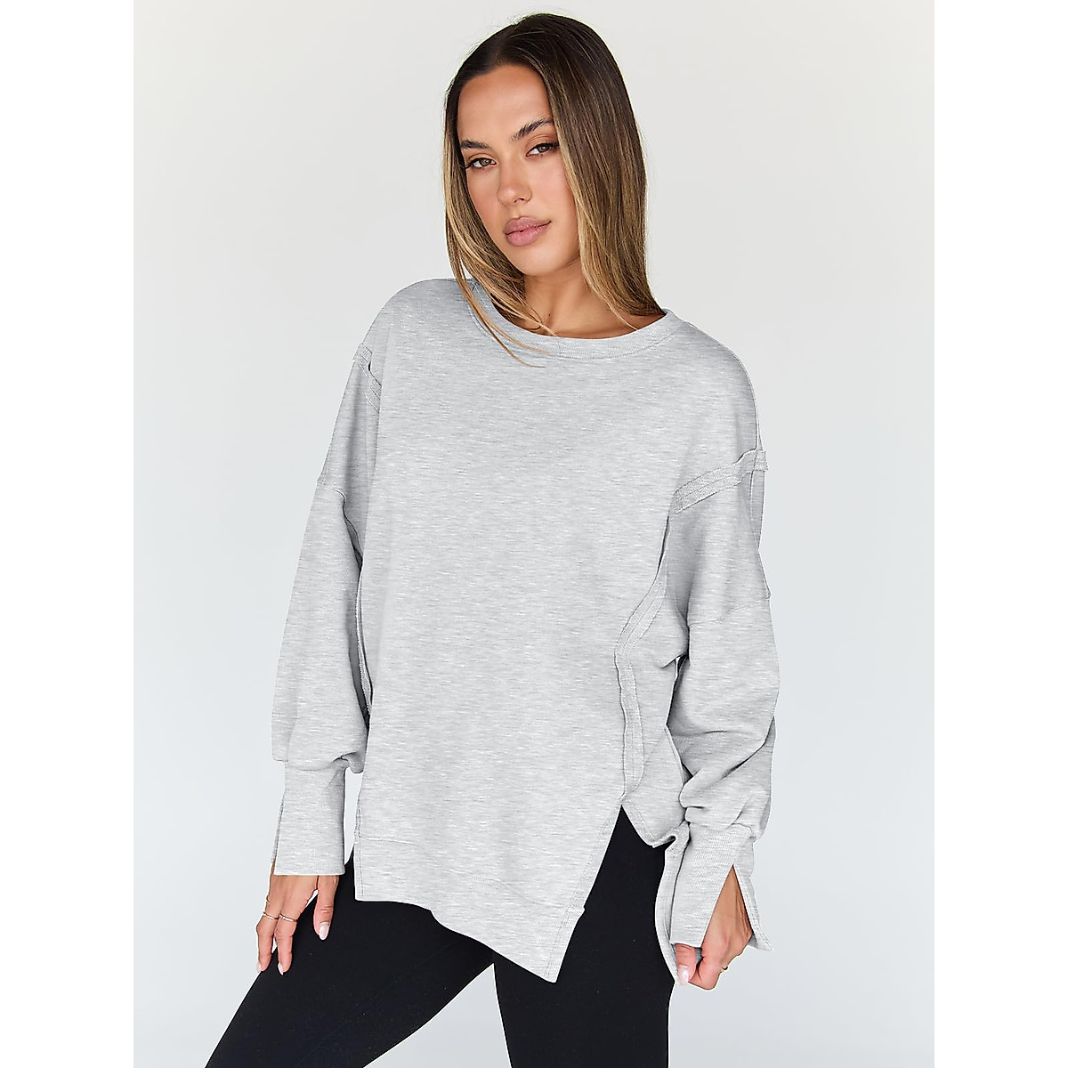 Trendy Queen Womens Oversized Sweatshirts Hoodies Crewneck Shirts Fall Outfits Teen Girls Y2k Winter Clothes Grey L