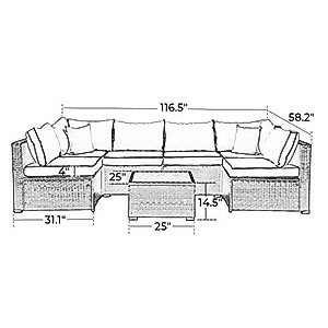 Laurel Canyon Outdoor Patio Furniture 7 Piece Rattan Sectional Sofa, Wicker Conversation Sets with Faux Wood Top Tea Table and Cushions, Gray